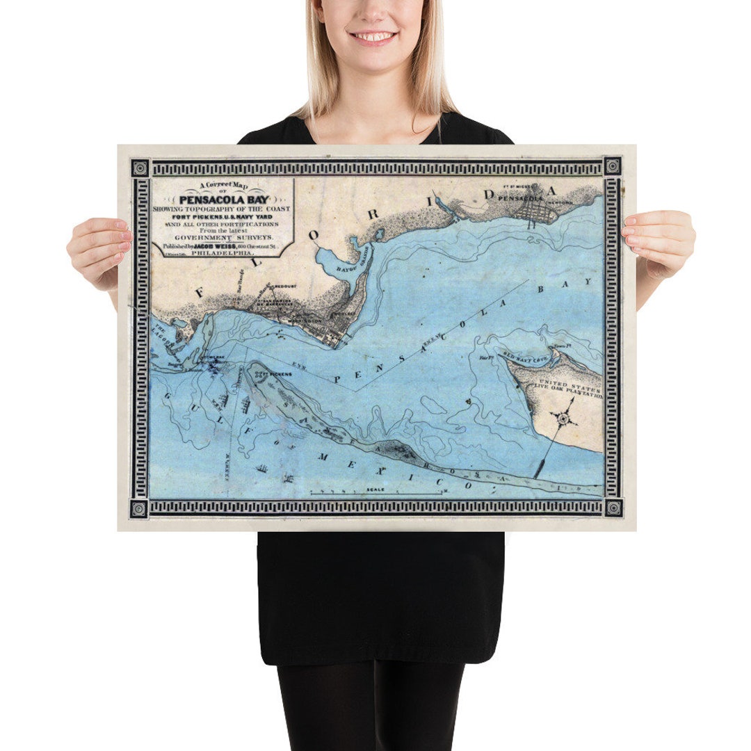 Old Pensacola Bay FL Map (1860) Vintage Florida Panhandle Gulf of ...