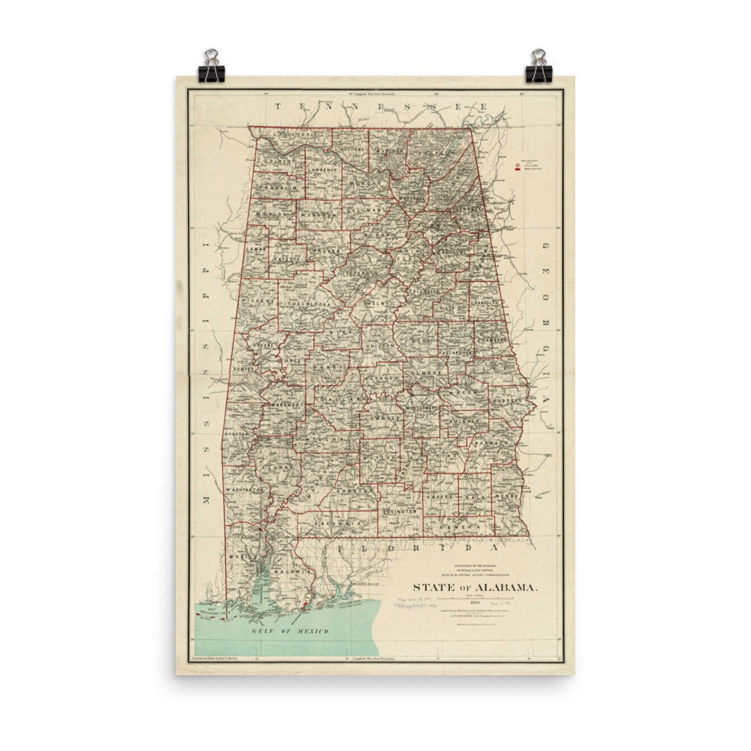 Old Alabama Map (1889) the Cotton State Vintage Atlas Poster - Etsy
