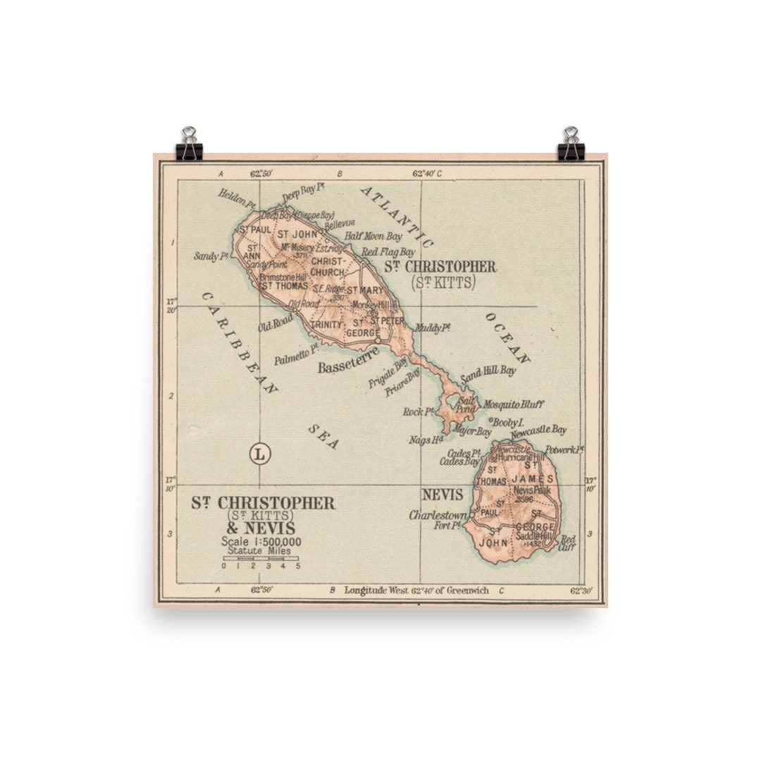 Old St Kitts and Nevis Map (1919) Vintage Saint Christopher Island ...
