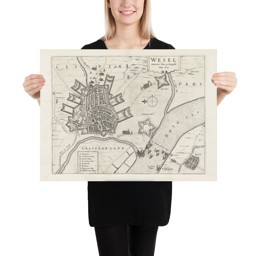 Old Wesel Germany Map (1629) Vintage North Rhine-westphalia City Atlas ...