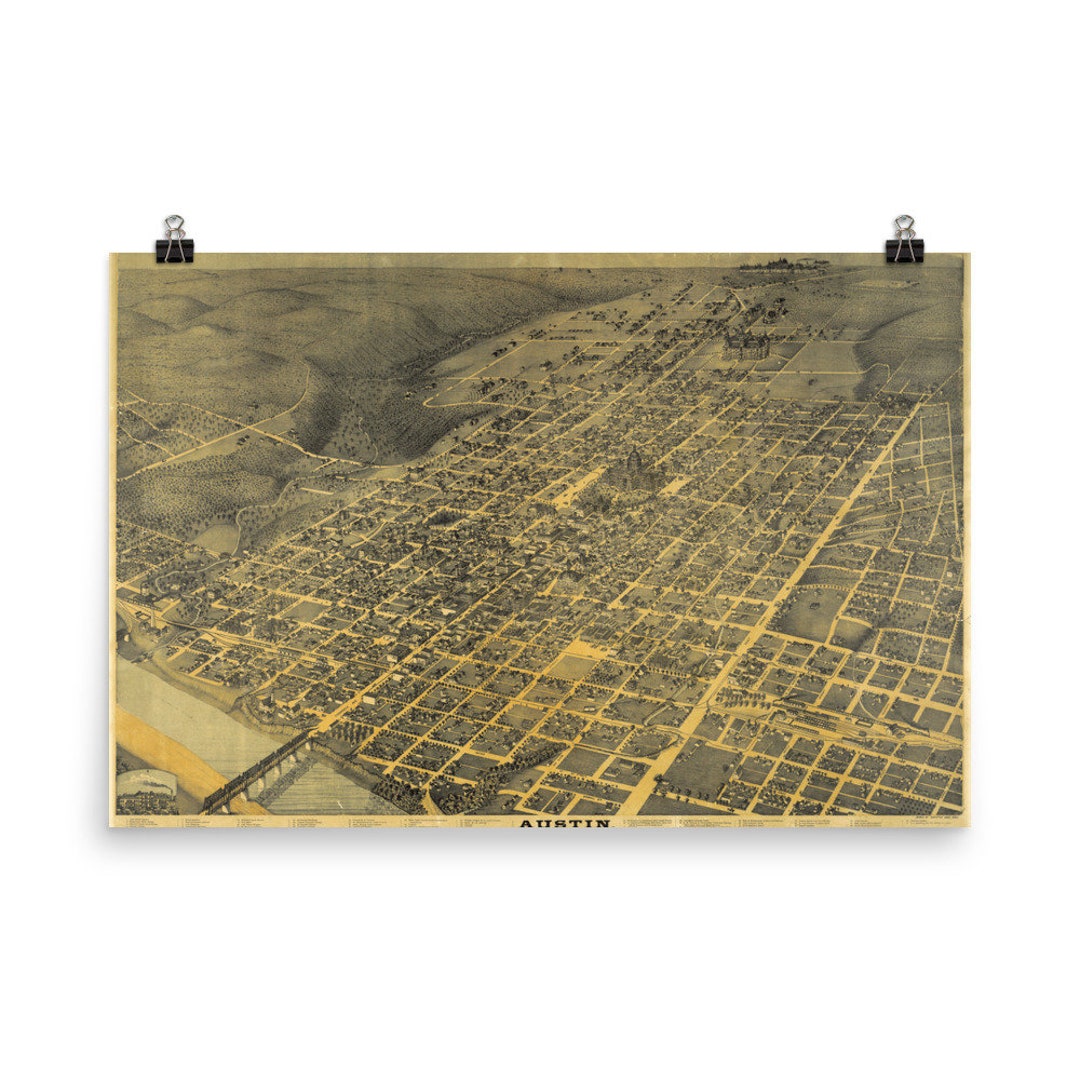 Old Austin TX Map (1887) - Birds Eye Perspective Atlas Poster - Etsy