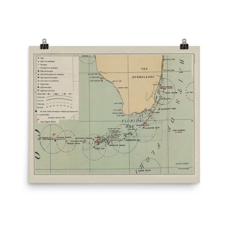 Old Florida Keys Lighthouse Map 1898 FL Nautical & Maritime | Etsy