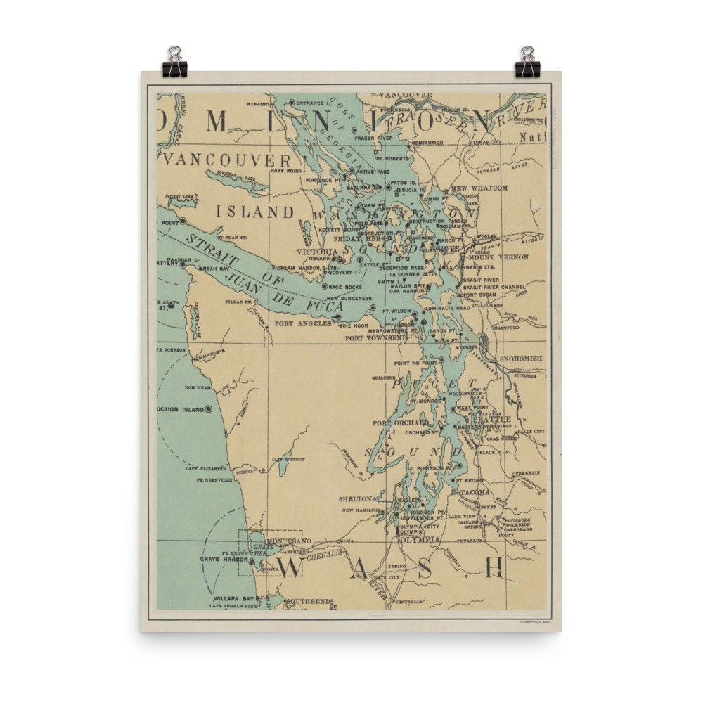 Vintage Puget Sound Lighthouse Map (1898) Washington State Inlet Atlas ...