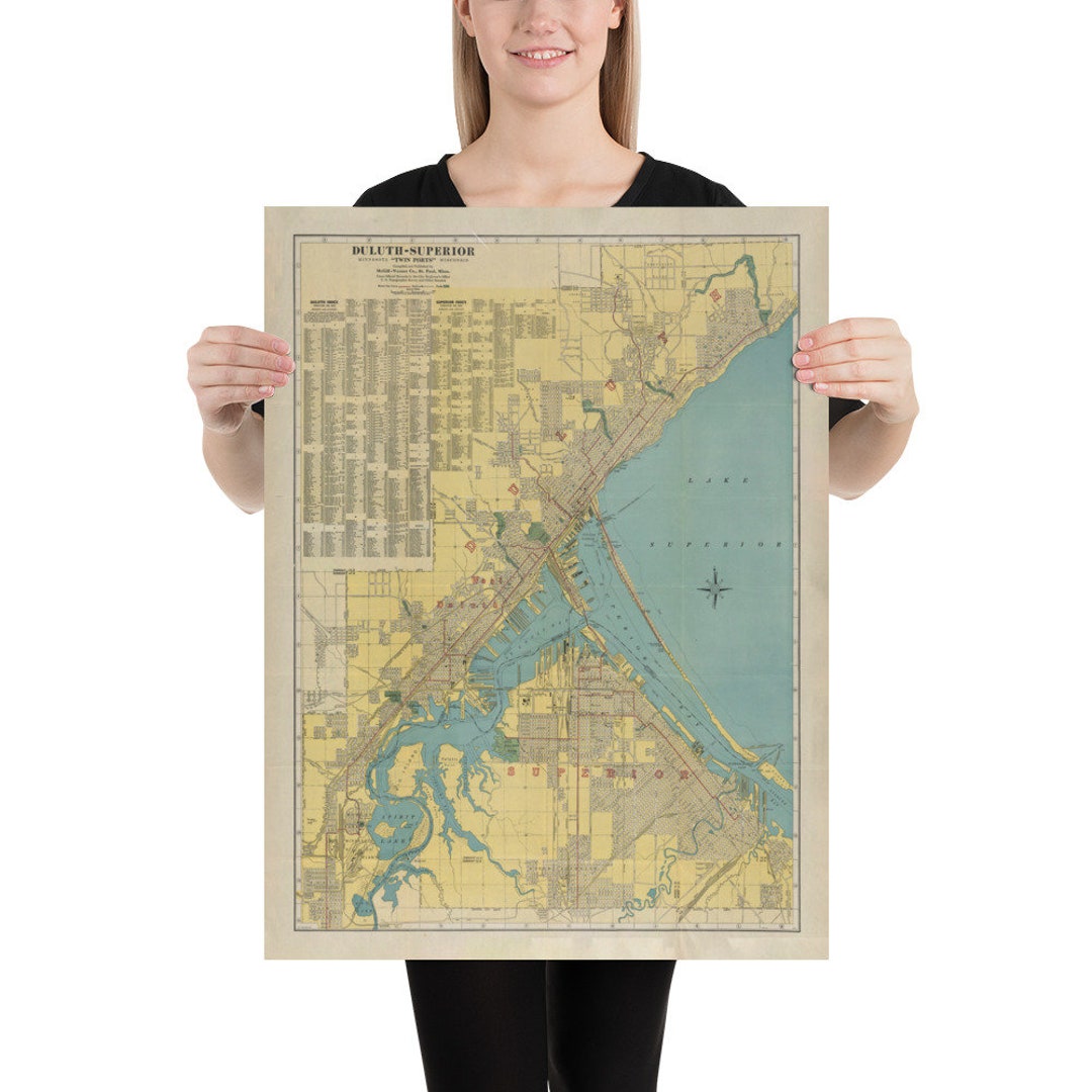 Old Twin Ports Map (1921) Vintage Duluth MN & Superior WI Atlas Poster ...