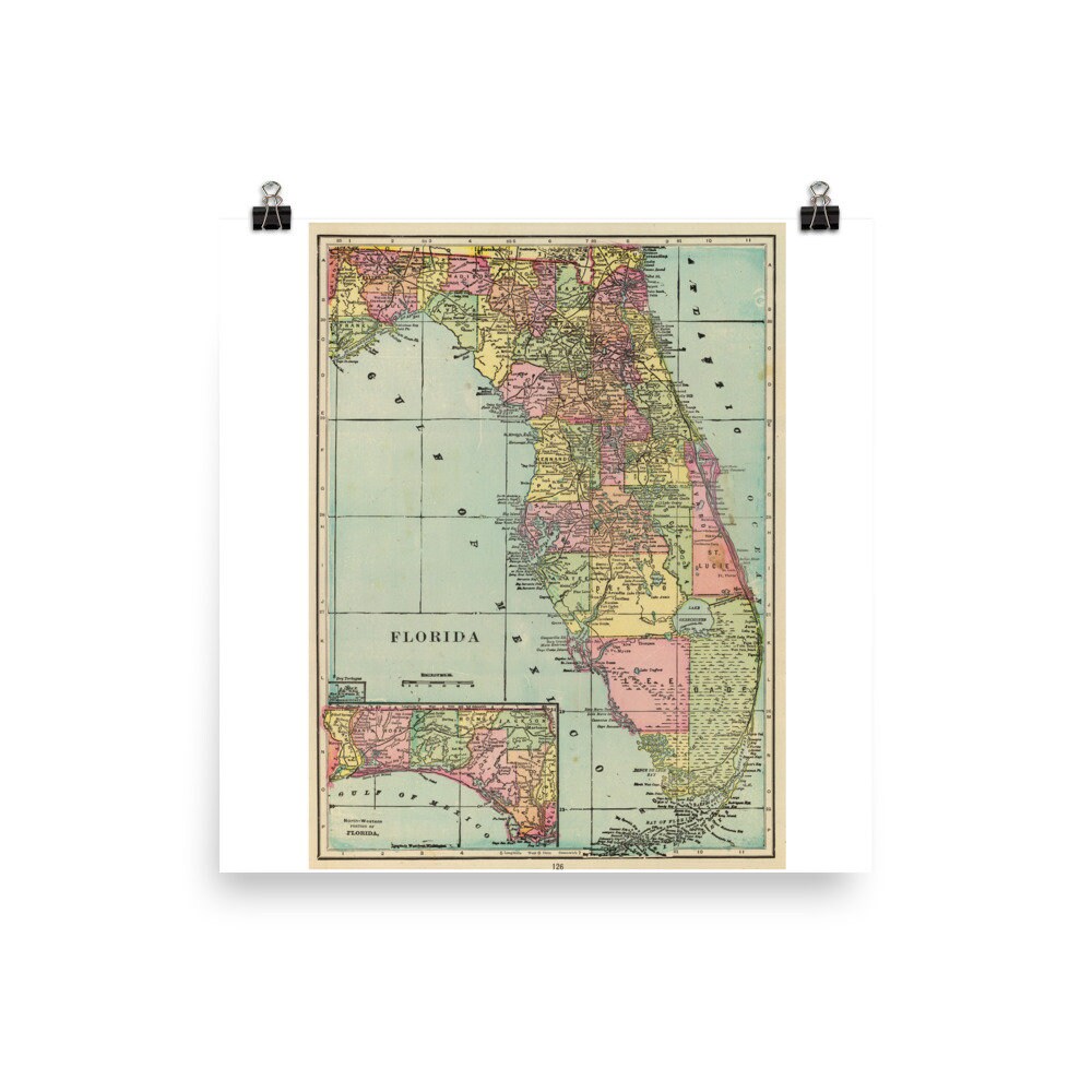 Vintage Florida Map (1909) FL Colorful Counties Atlas Poster - Etsy