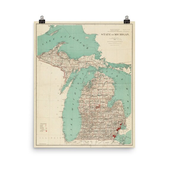 Michigan Map 1888 Old Great Lakes State Atlas Poster - Etsy