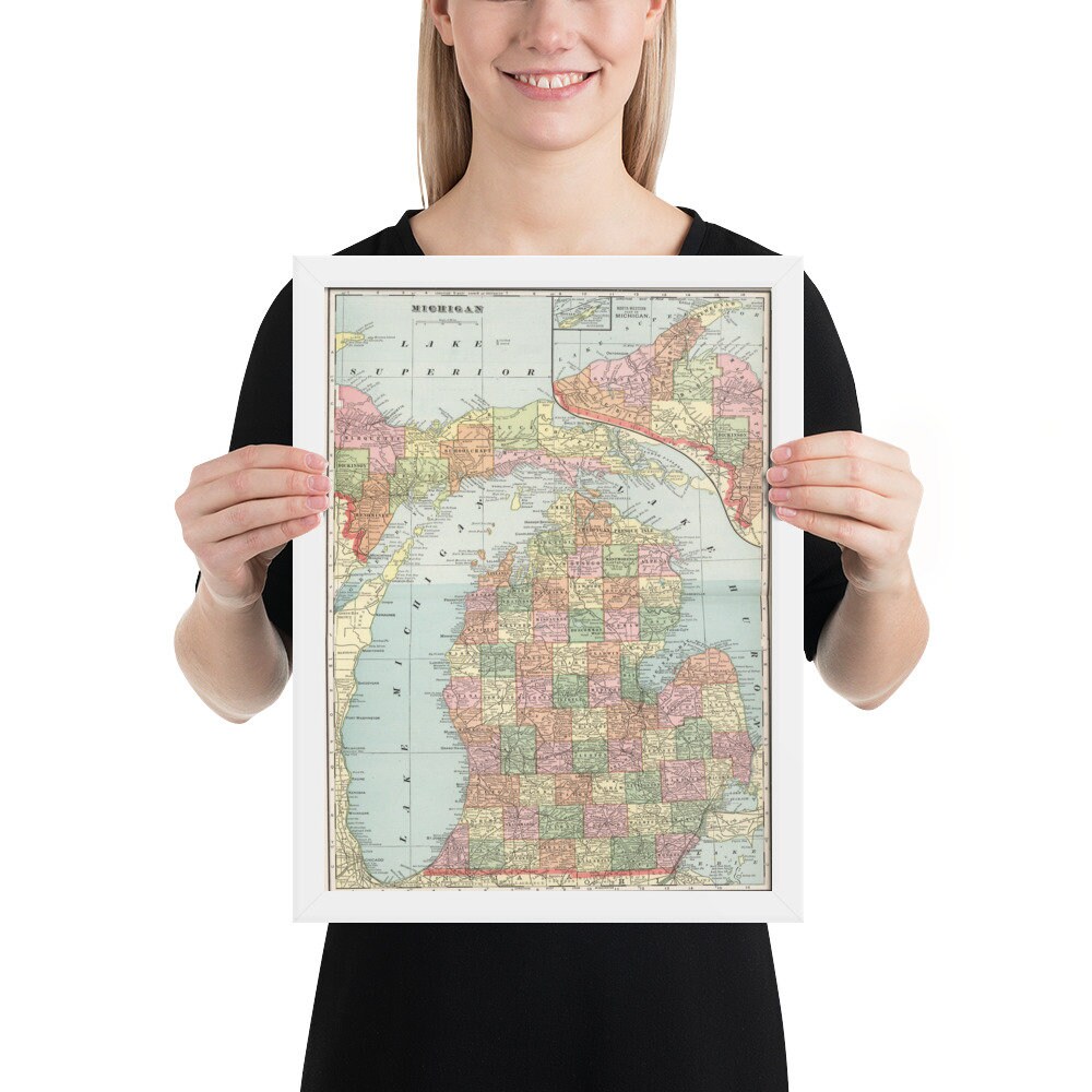 Michigan Map (1901) Old MI State & Counties Atlas Framed Poster - Etsy