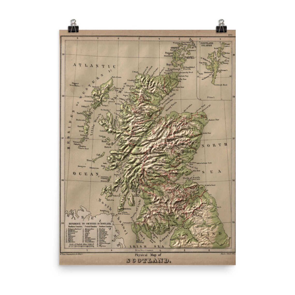 Vintage Scotland Physical Map 1880 Old Scottish Mountains - Etsy