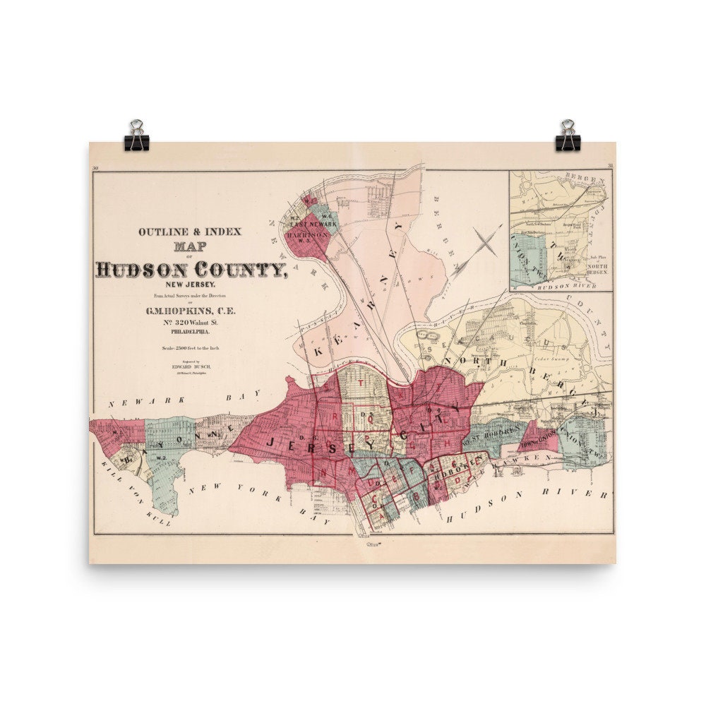 Hudson County NJ Map (1873) Old New Jersey Counties Atlas Poster - Etsy