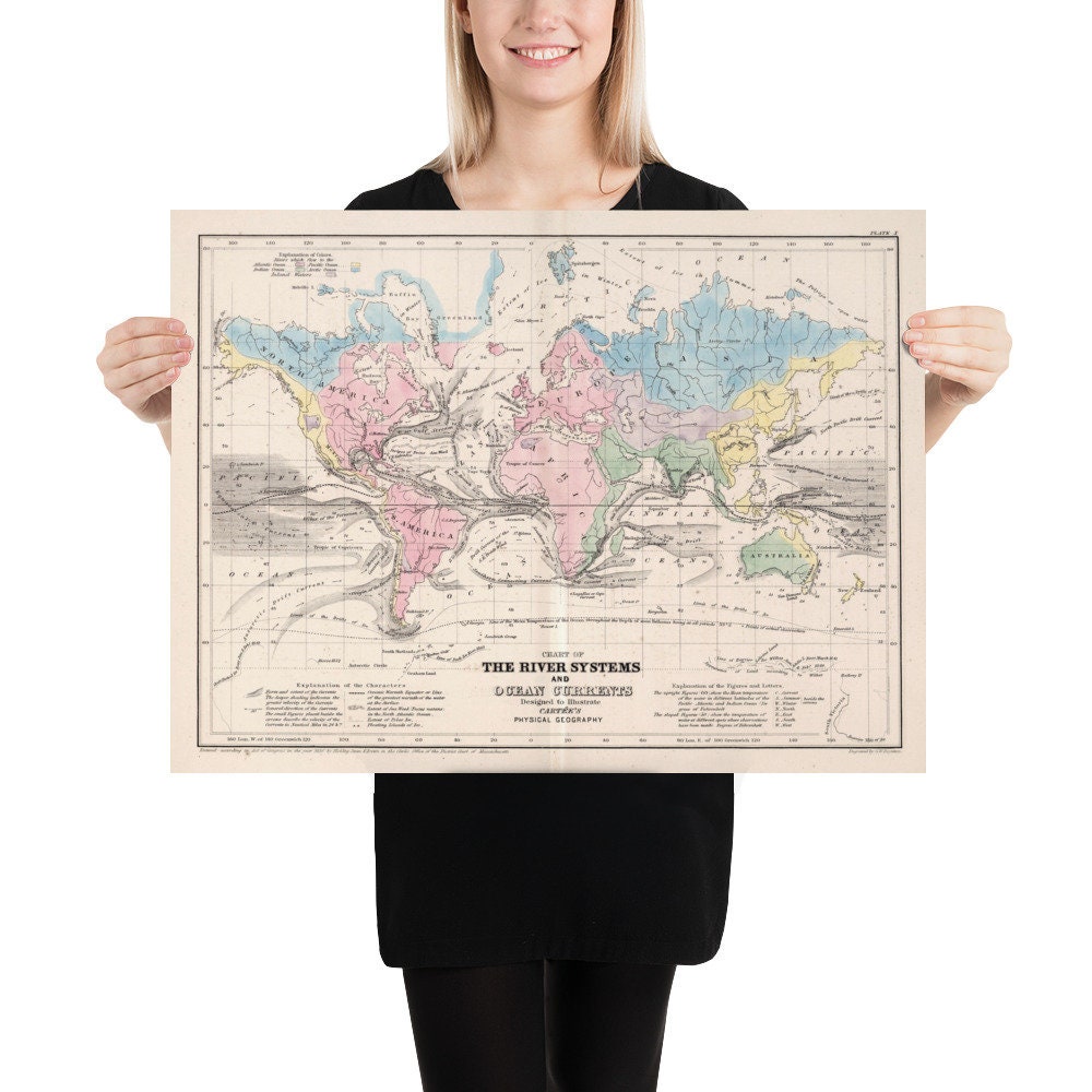 Old World Ocean Currents Map 1856 Vintage Global Nautical & - Etsy