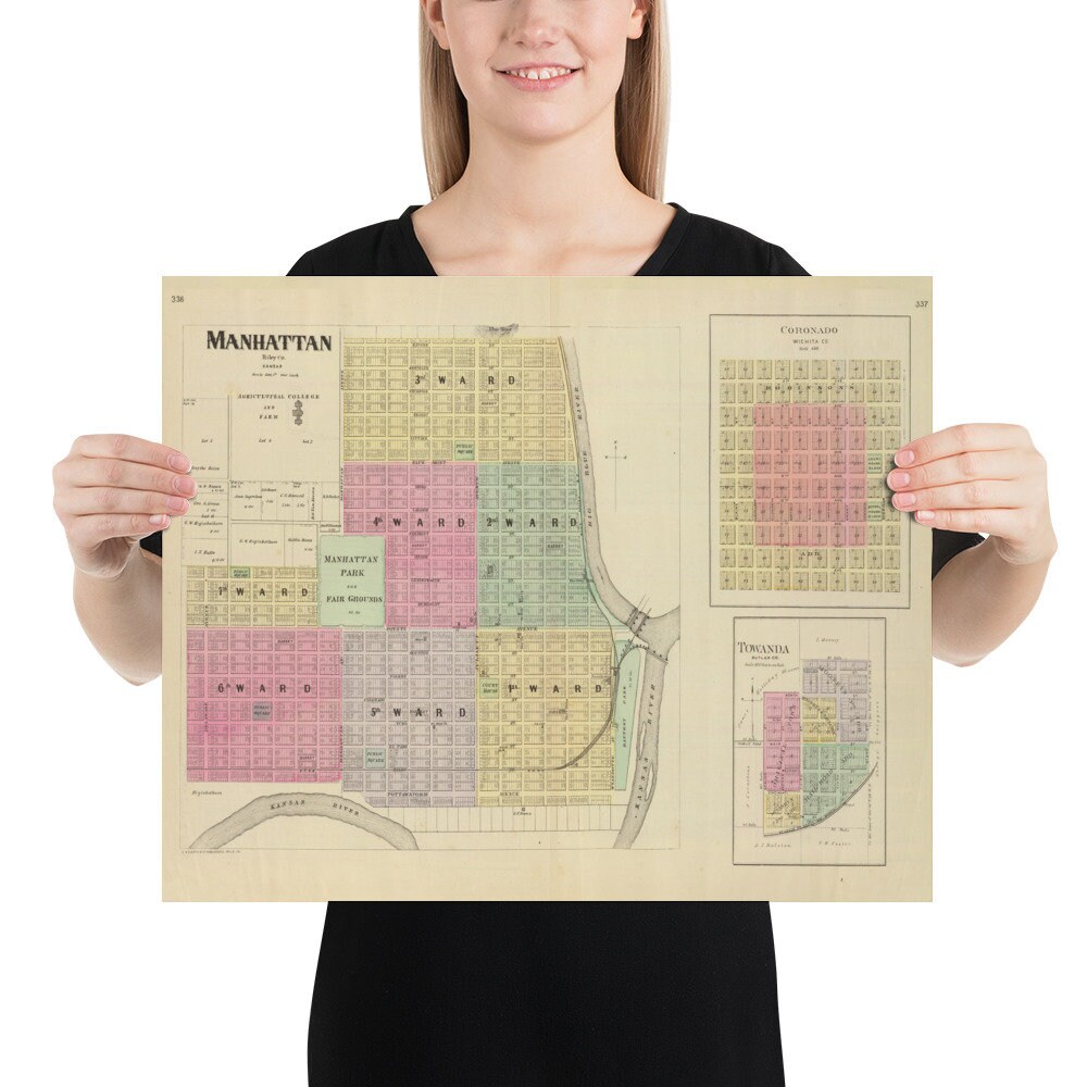Old Manhattan KS Map 1887 the Little Apple Kansas Vintage - Etsy