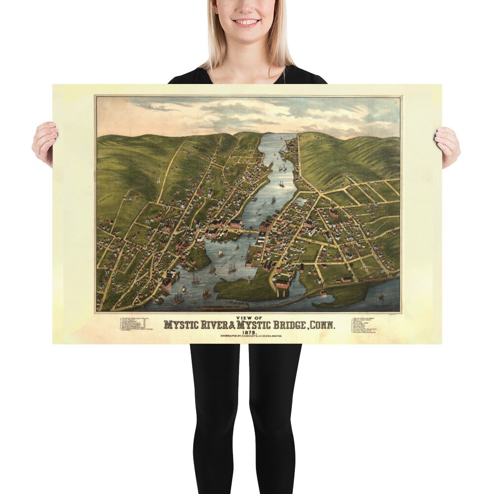 Old Mystic CT Map (1879) Vintage Connecticut Village & River Atlas ...