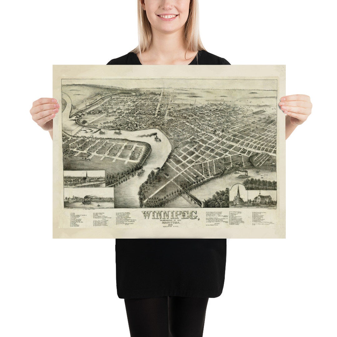 Old Winnipeg Canada Map (1881) Vintage Manitoba Capital City Atlas ...