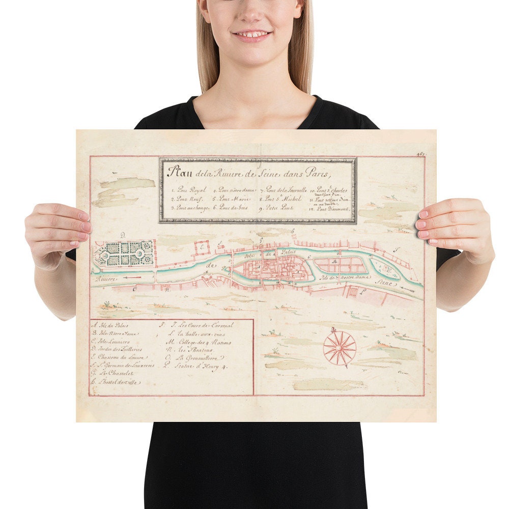 Old Seine River Map (1760) Vintage Paris France Waterway Atlas Poster ...