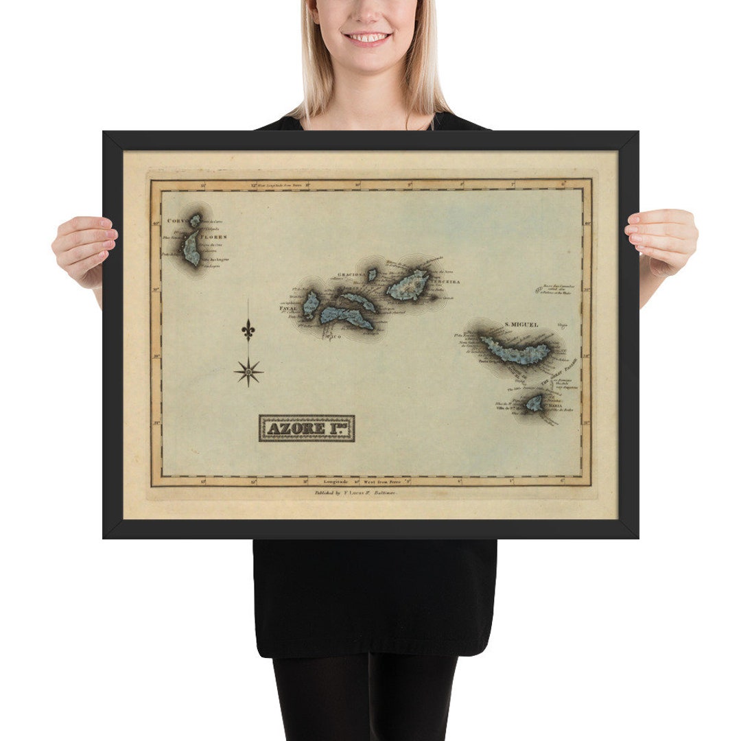 Old Azores Portugal Map (1823) Vintage Açores Islands Atlas Framed ...