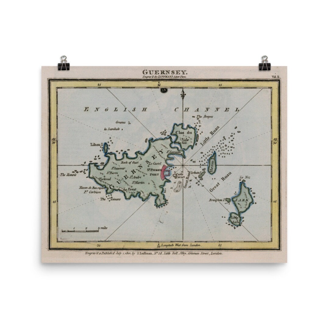 Old Guernsey Island Map (1801) Vintage English Channel Isle Atlas ...