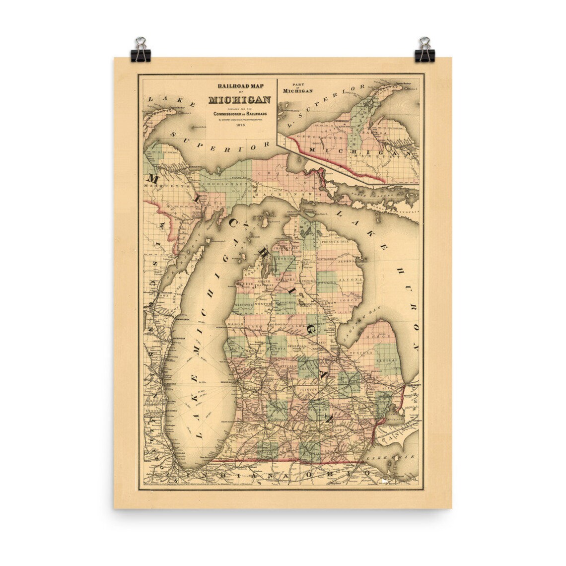 Michigan Railroad Map 1876 Old MI State Railway Lines Atlas | Etsy