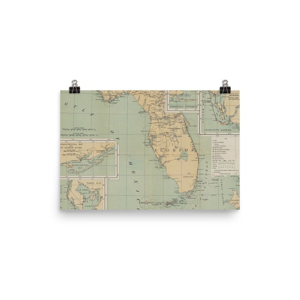 Vintage Florida Lighthouse Map (1898) FL Coastal Maritime Atlas Poster ...
