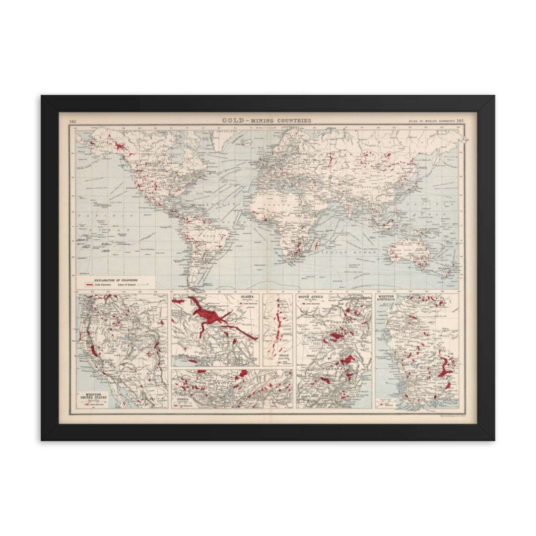 Old World Gold Mining Map 1907 Vintage Global Precious Metals Mines ...