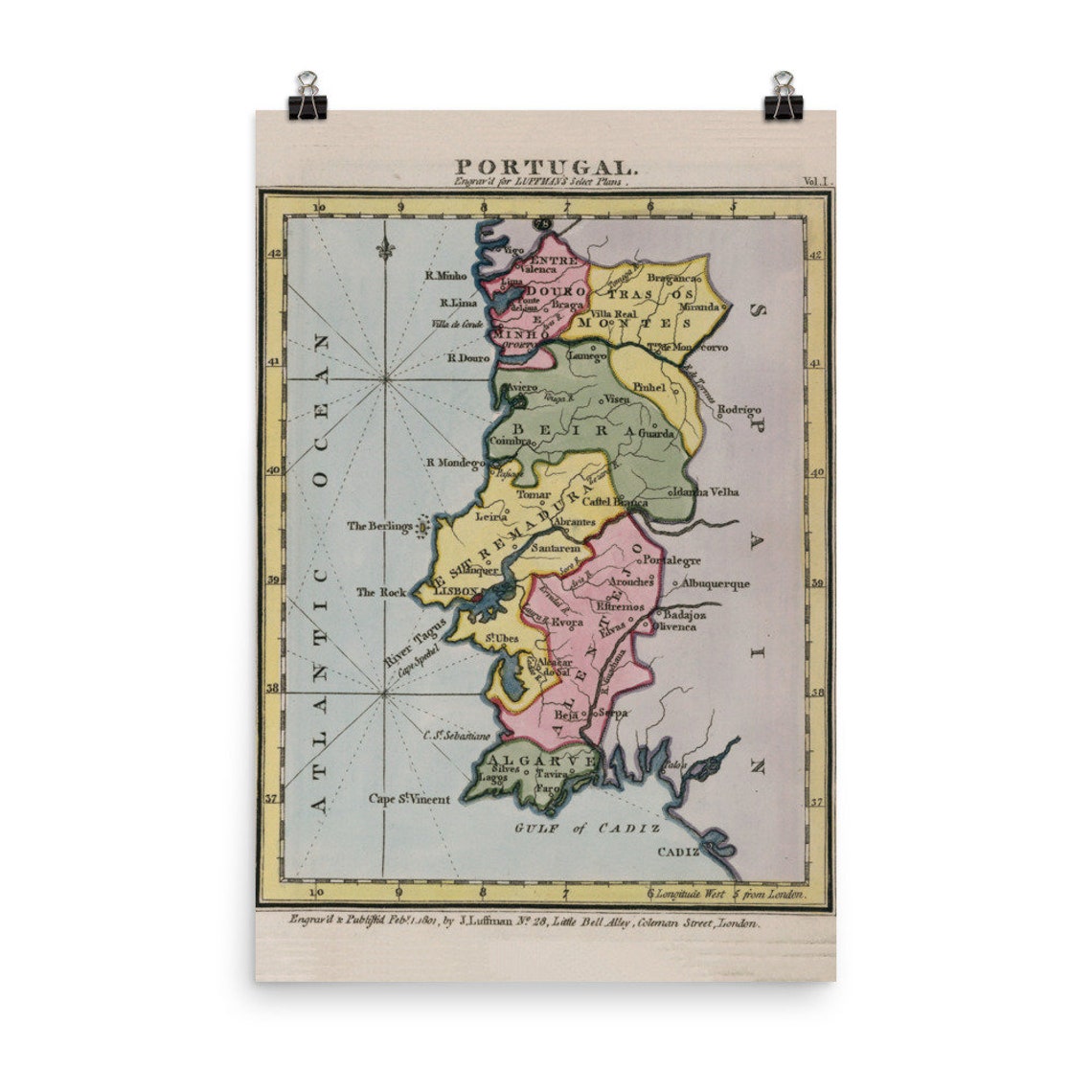 Old Portugal Map 1801 Vintage Portuguese Atlas Poster | Etsy