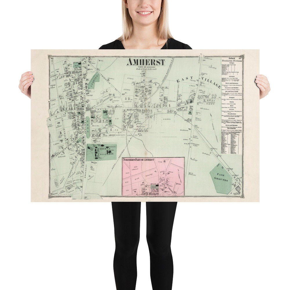 Old Amherst MA Map 1873 Vintage Western Massachusetts Town | Etsy