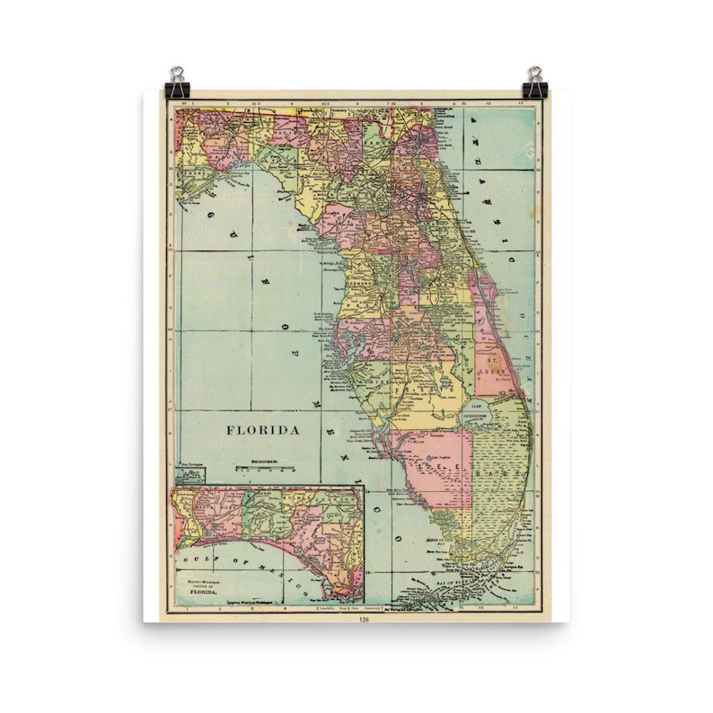 Vintage Florida Map 1909 FL Colorful Counties Atlas Poster - Etsy