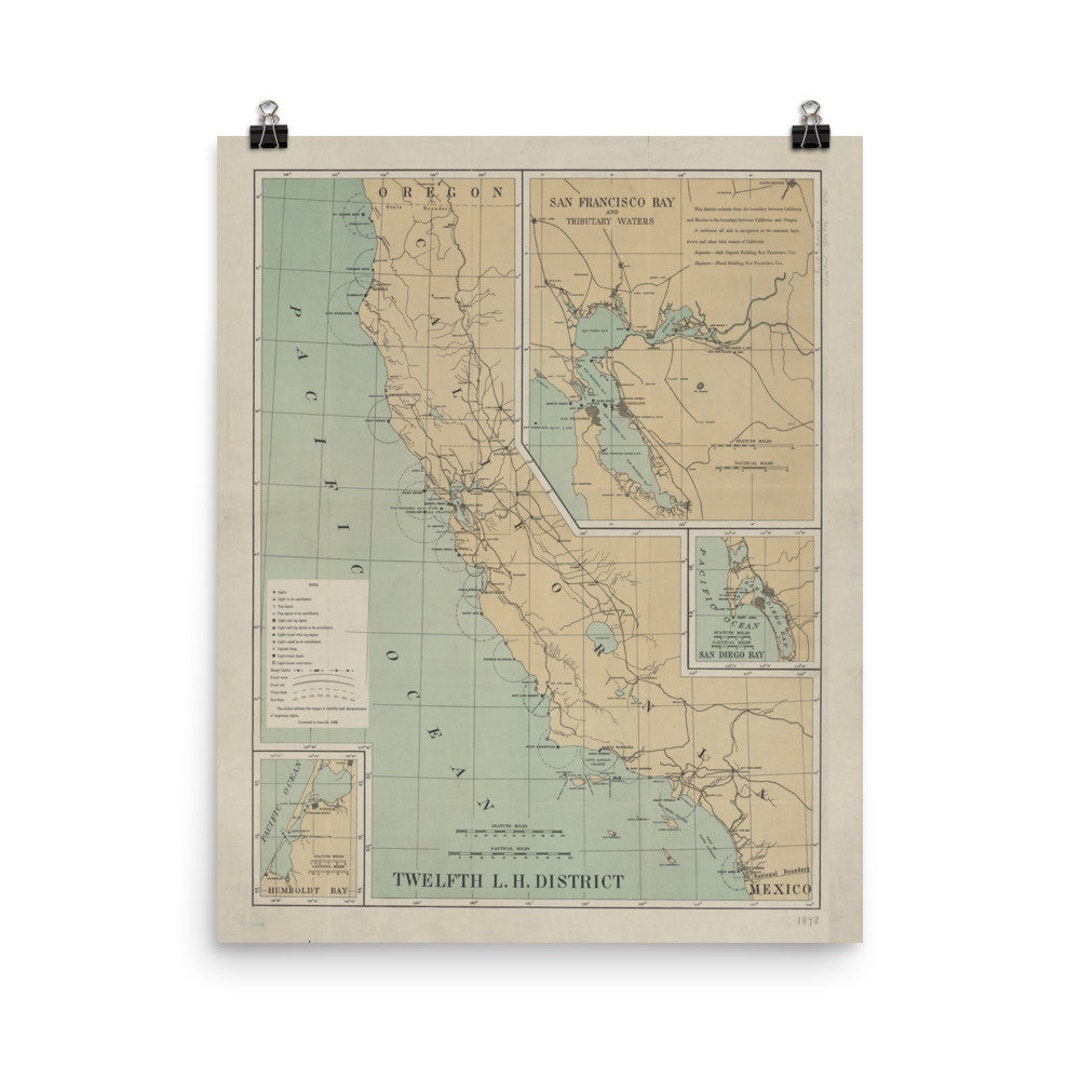 Old California Lighthouse Map (1898) Vintage CA Coastal Chart Poster - Etsy