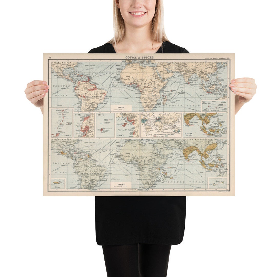 Old World Cocoa & Spices Map (1907) Vintage International Cacao and ...