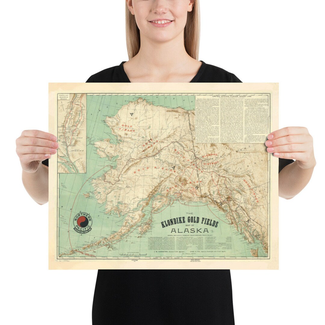 Old Alaska Klondike Gold Fields Map (1898) Vintage Alaskan Mining Atlas ...
