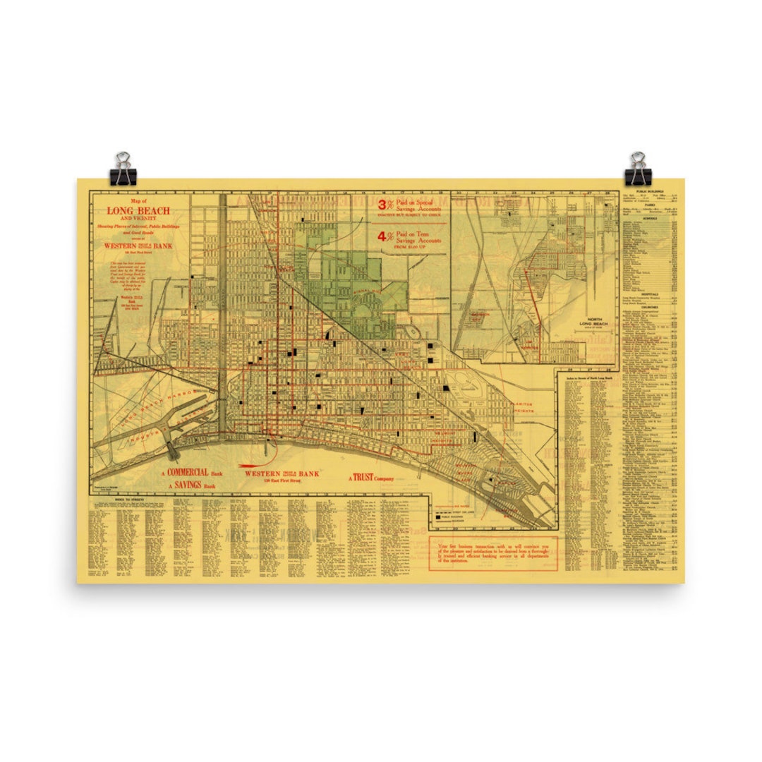 Long Beach CA Map (1920) Old Aquatic Capital of America Atlas Poster - Etsy
