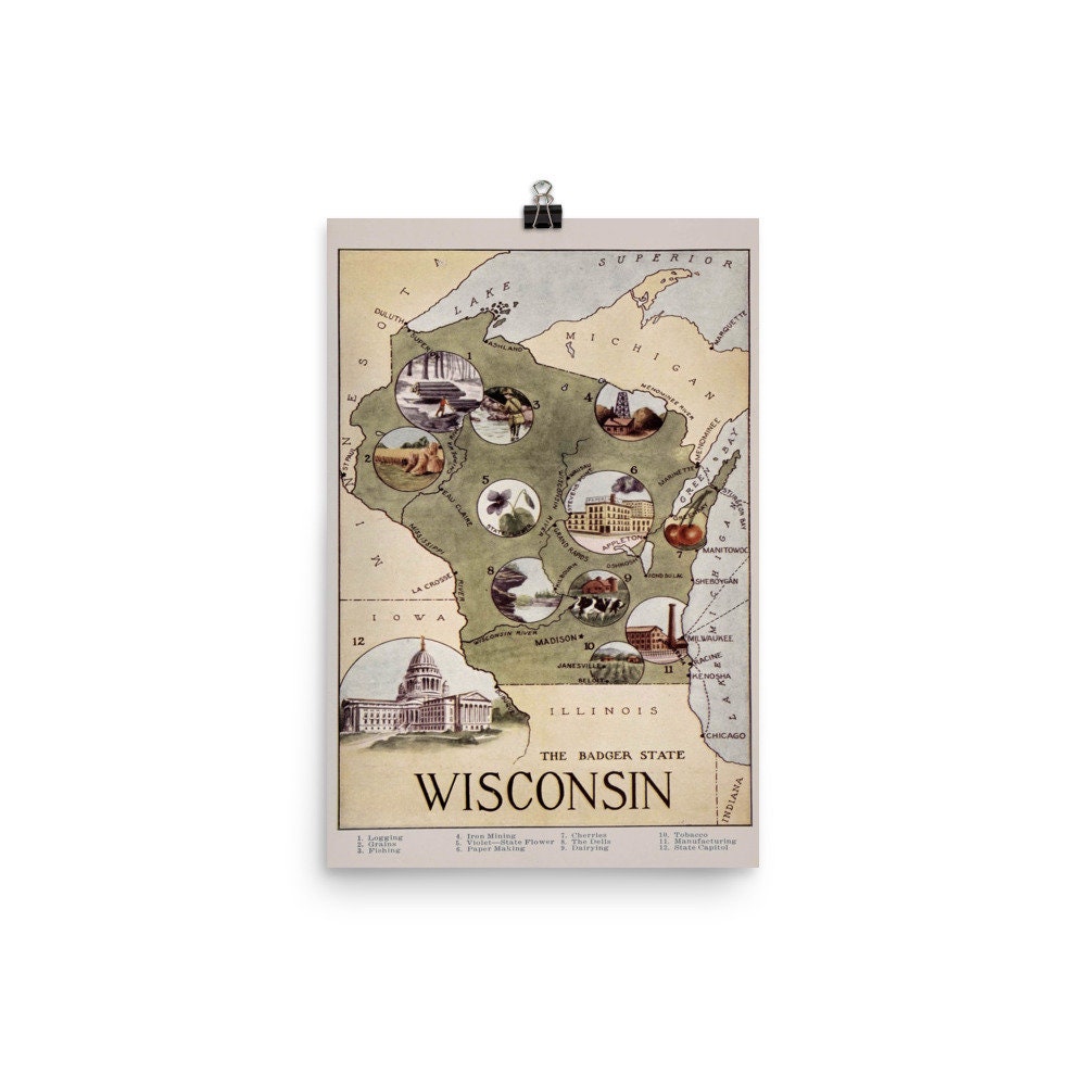 Vintage Wisconsin Map (1923) Old Badger State Landmarks Atlas Poster - Etsy
