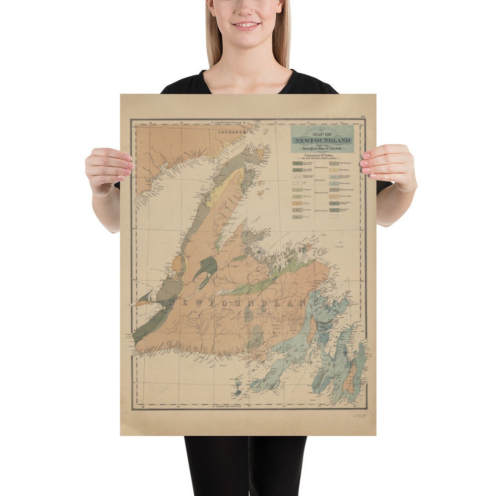 Old Newfoundland Island Geology Map (1875) Vintage Canadian Province ...