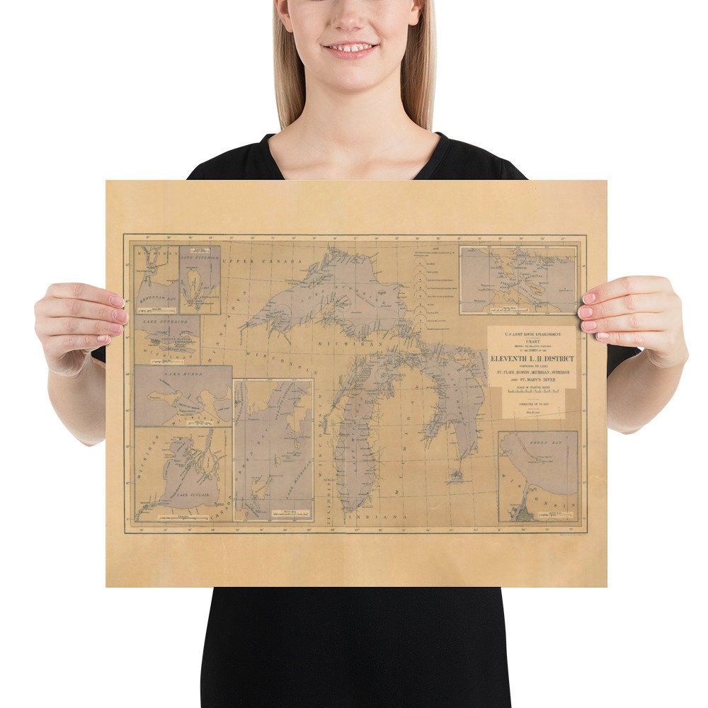 Old Great Lakes Lighthouse Map 1875 Vintage Nautical and - Etsy