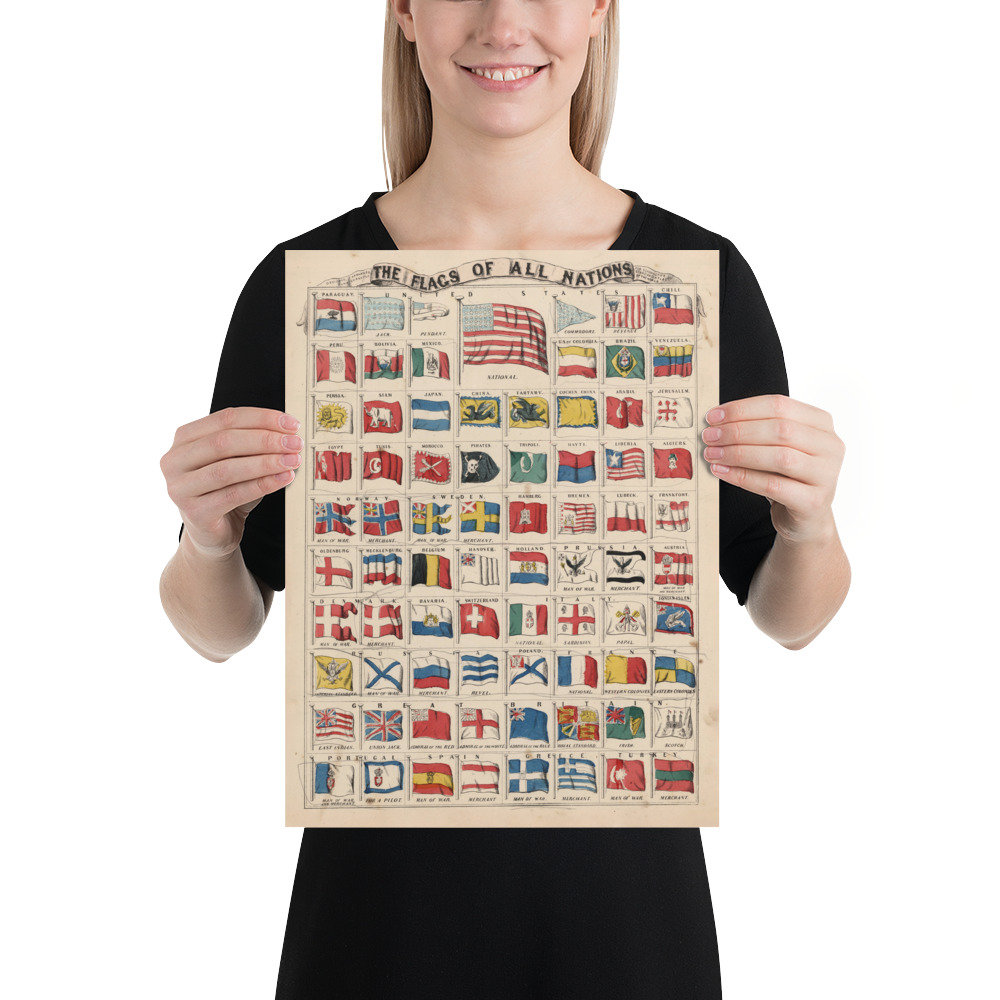 Old Flags of the World Chart (1865) Vintage Banners of Various Nations ...