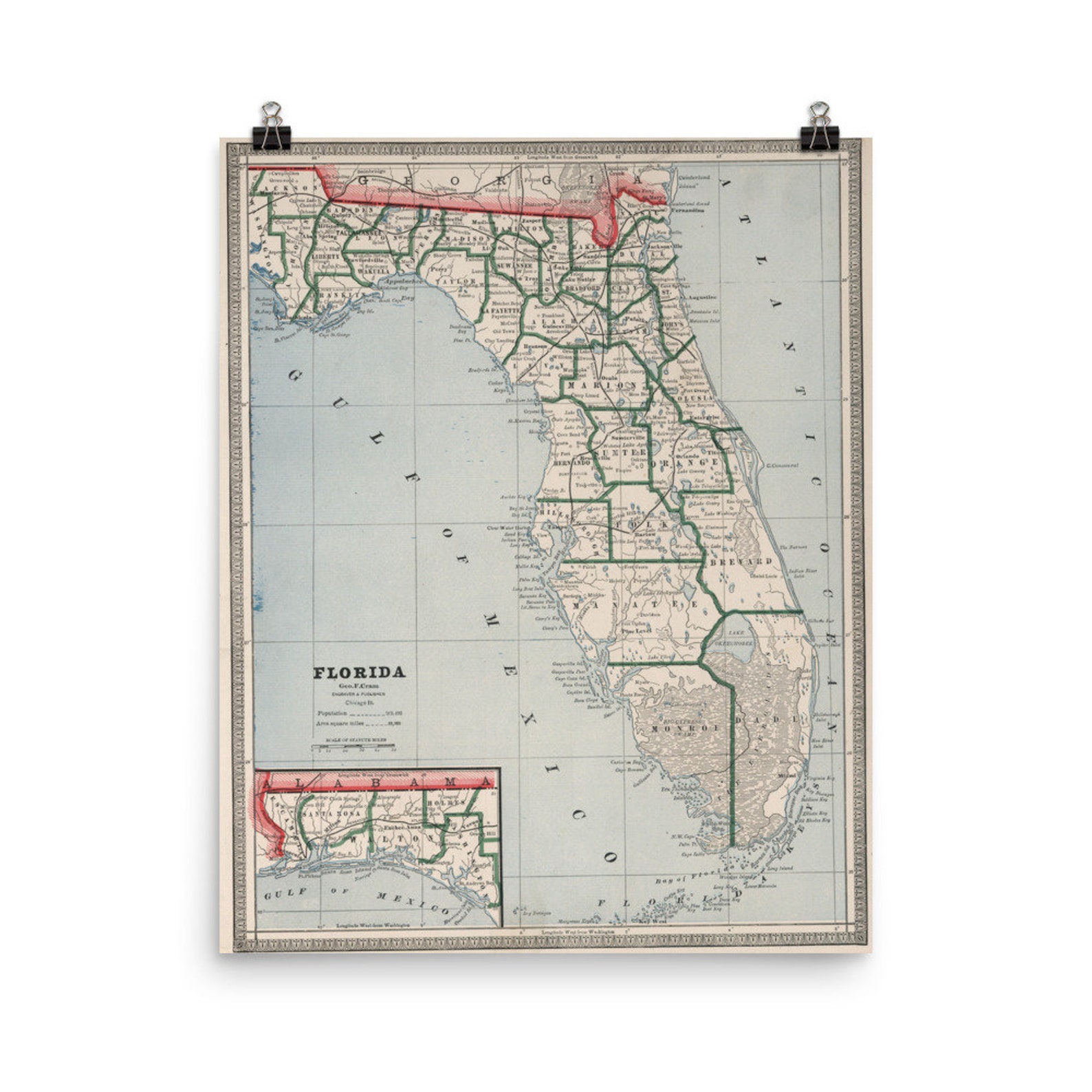 Vintage Florida Map 1883 FL Counties and Cities Atlas Poster - Etsy