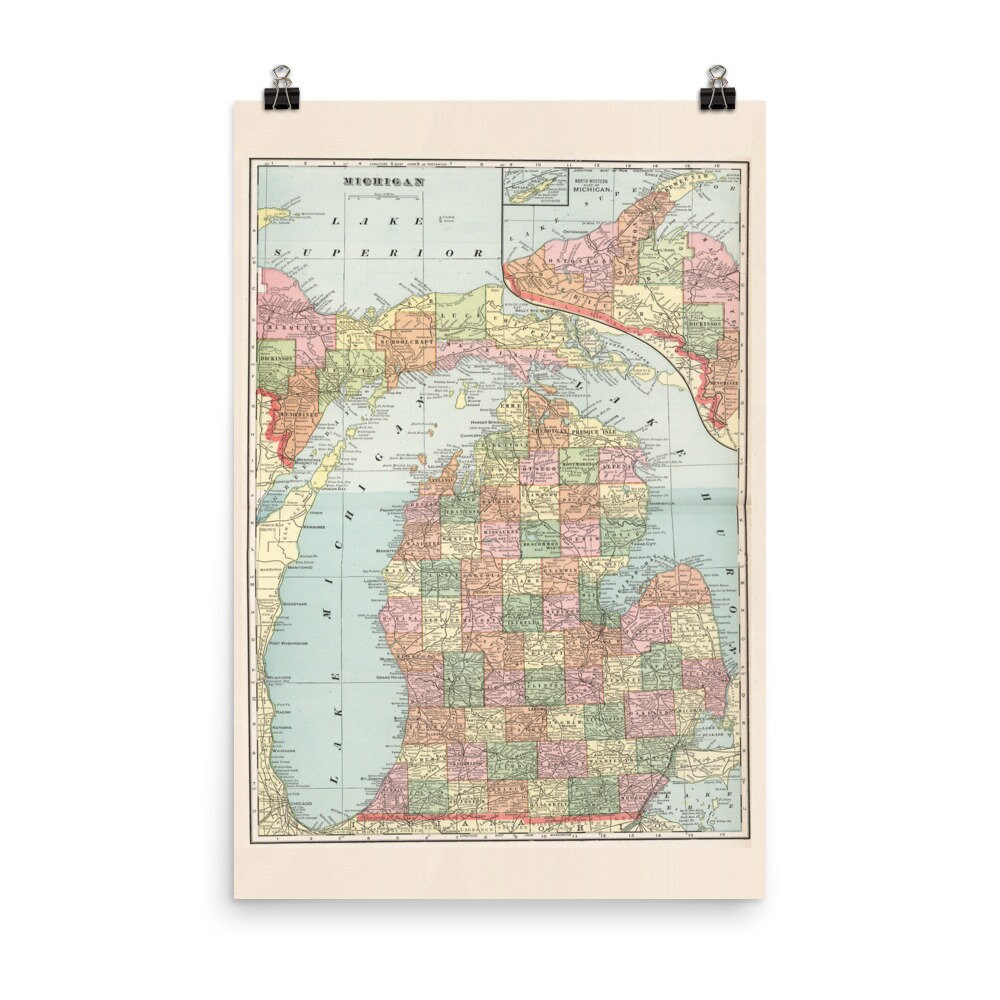 Michigan Map (1901) Old MI State & Counties Atlas Poster - Etsy