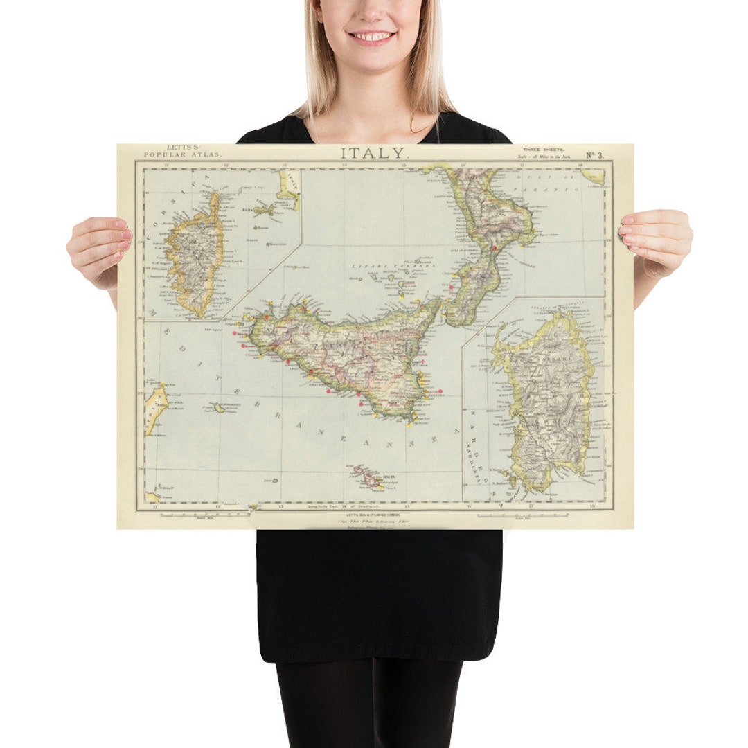Old Sicily Italy Map 1883 Italian Historical Atlas Poster - Etsy