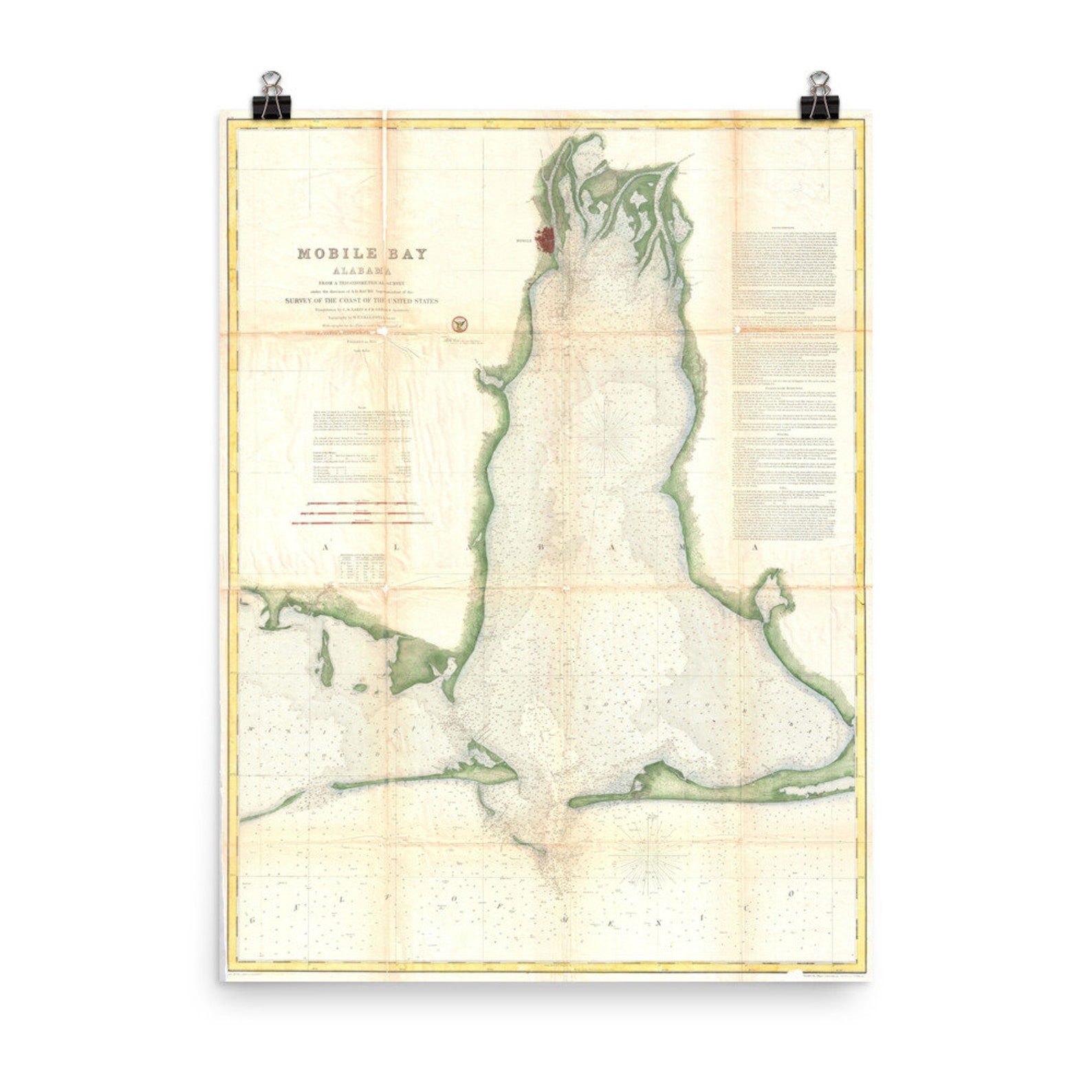 Vintage Mobile Bay Map (1856) Old Alabama Coastal Maritime Atlas and ...