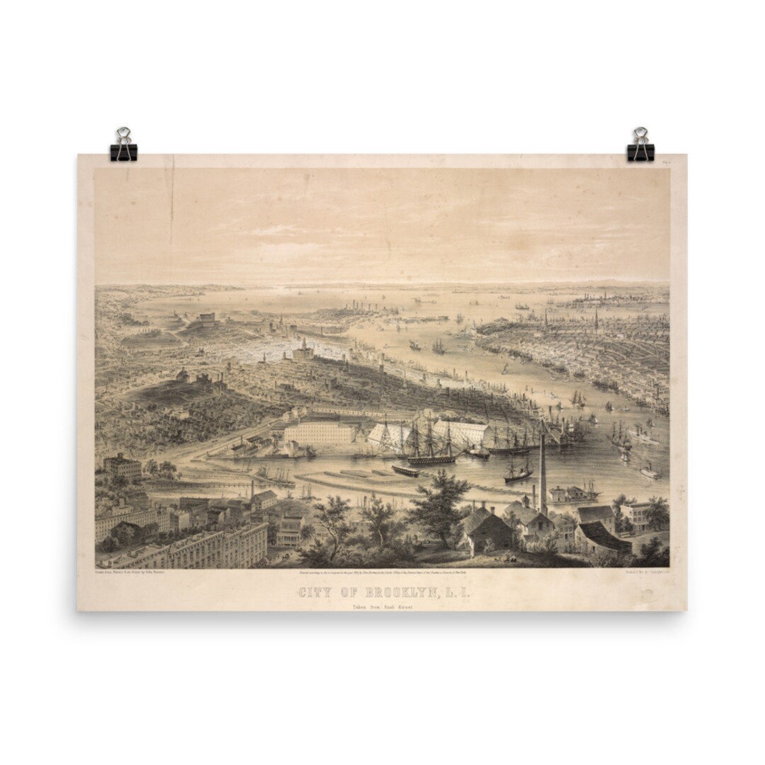 Brooklyn NY Vintage Map (1855) Old NYC Borough Bird's Eye Perspective ...