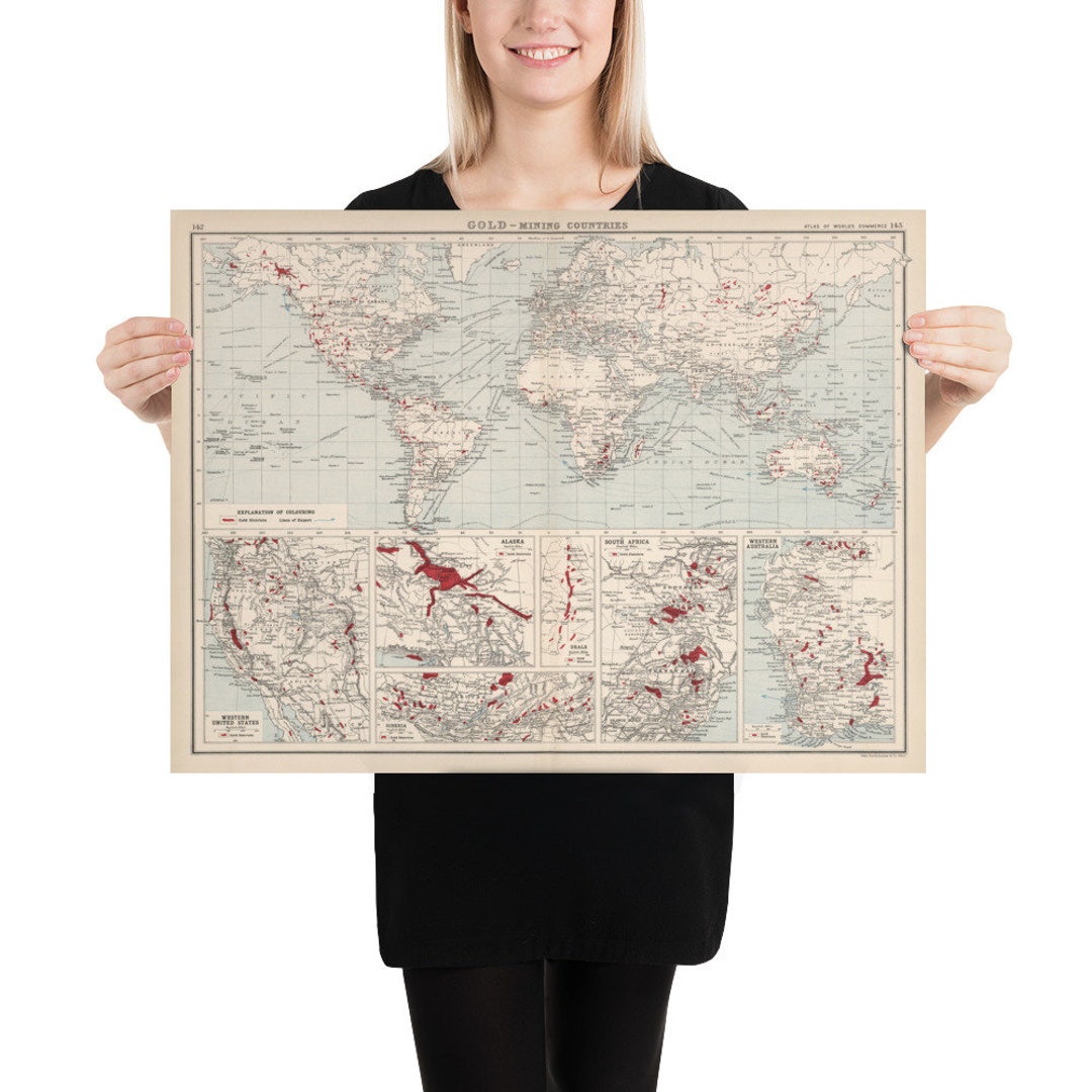 Old World Gold Mining Map (1907) Vintage Global Precious Metals Mines ...