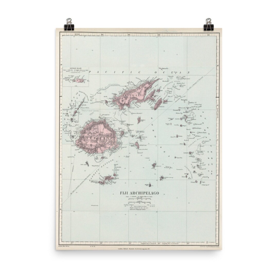 Old Fiji Map (1904) Vintage Viti Levu and Vanua Levu Vertical Atlas ...