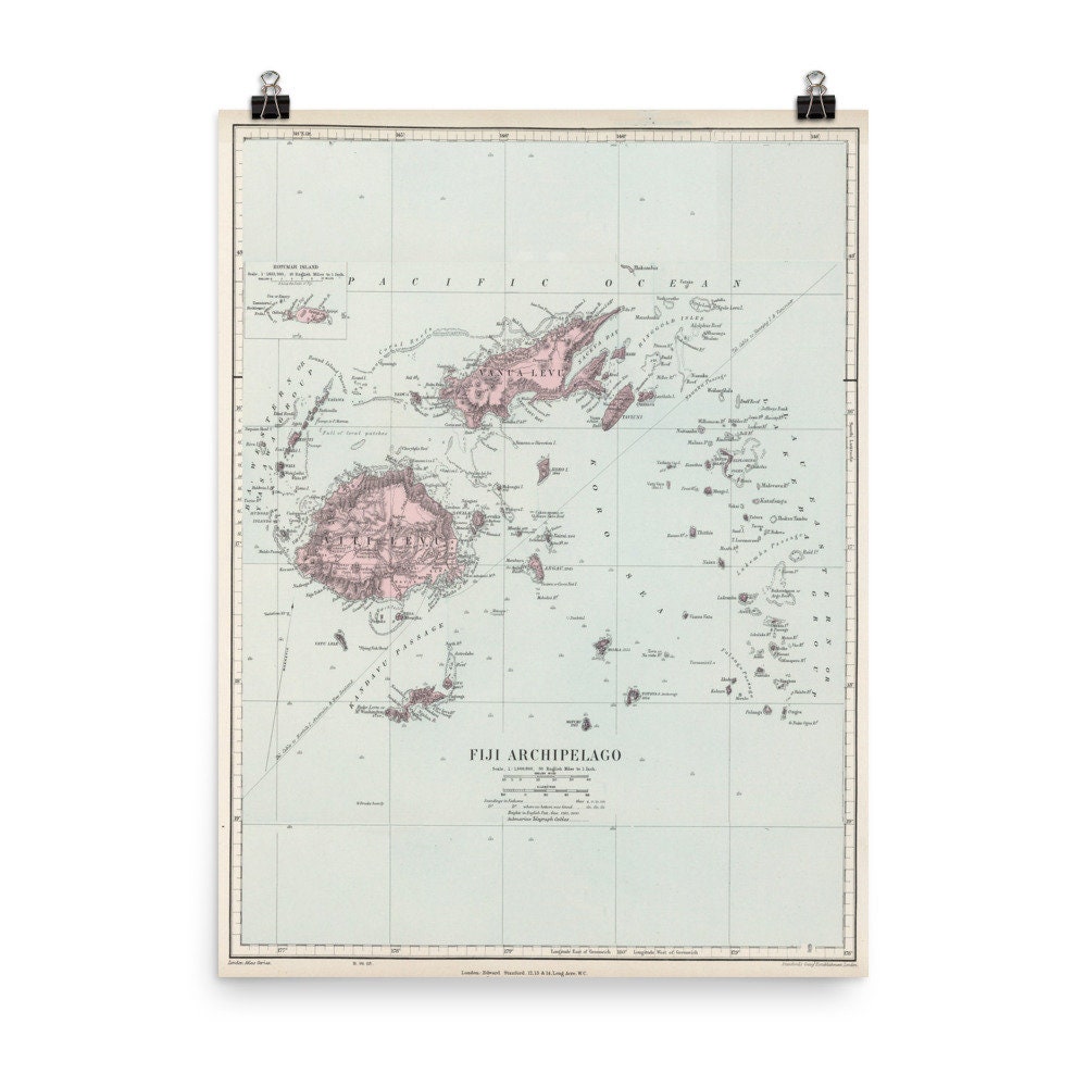 Old Fiji Map (1904) Vintage Viti Levu and Vanua Levu Vertical Atlas ...