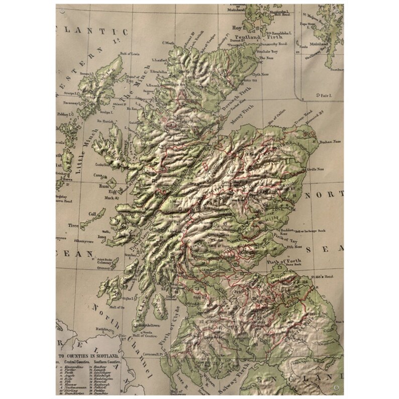 Scotland Physical Map Tapestry 1880 Old Atlas | Etsy
