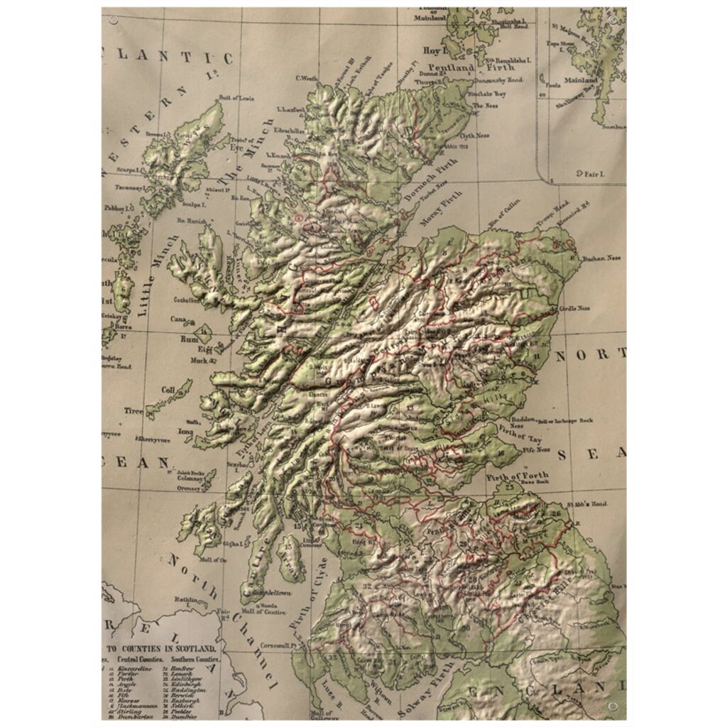 Scotland Physical Map Tapestry 1880 Old Atlas | Etsy