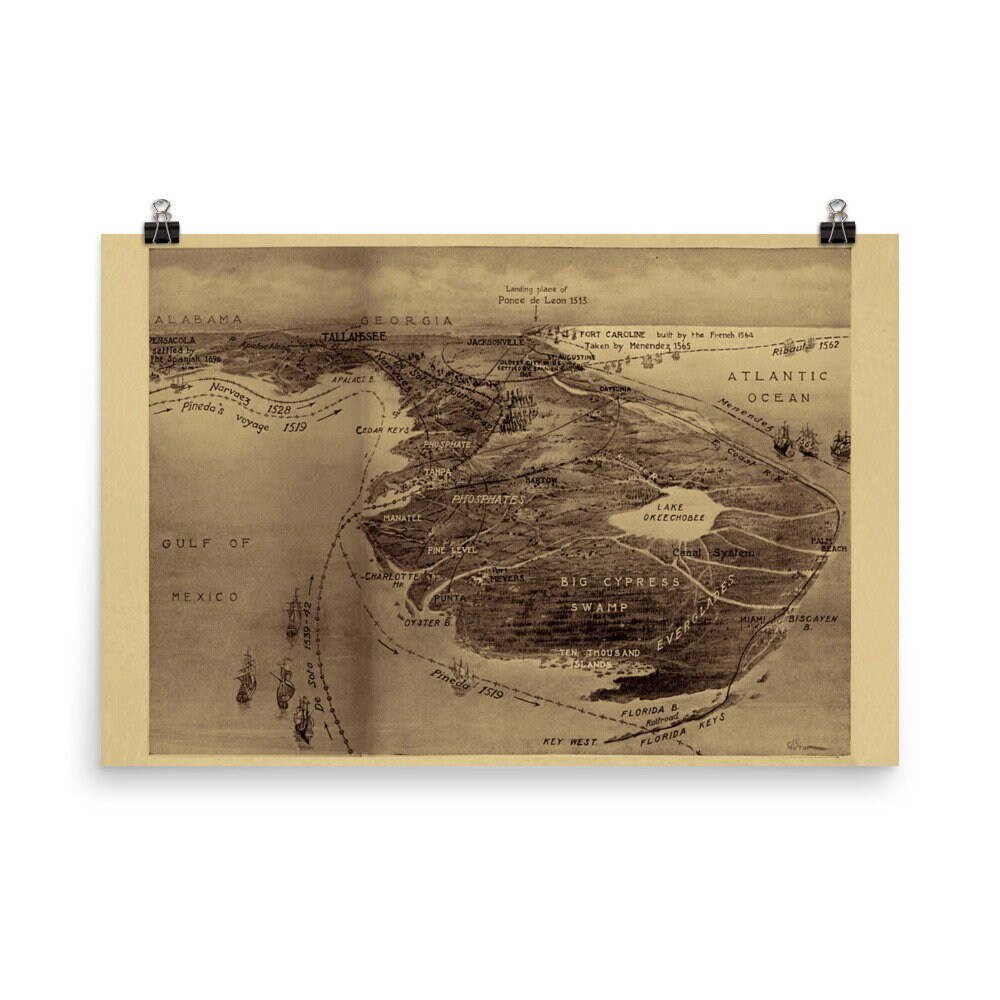 Florida Map (1922) Old FL Birds Eye State Atlas Poster - Etsy