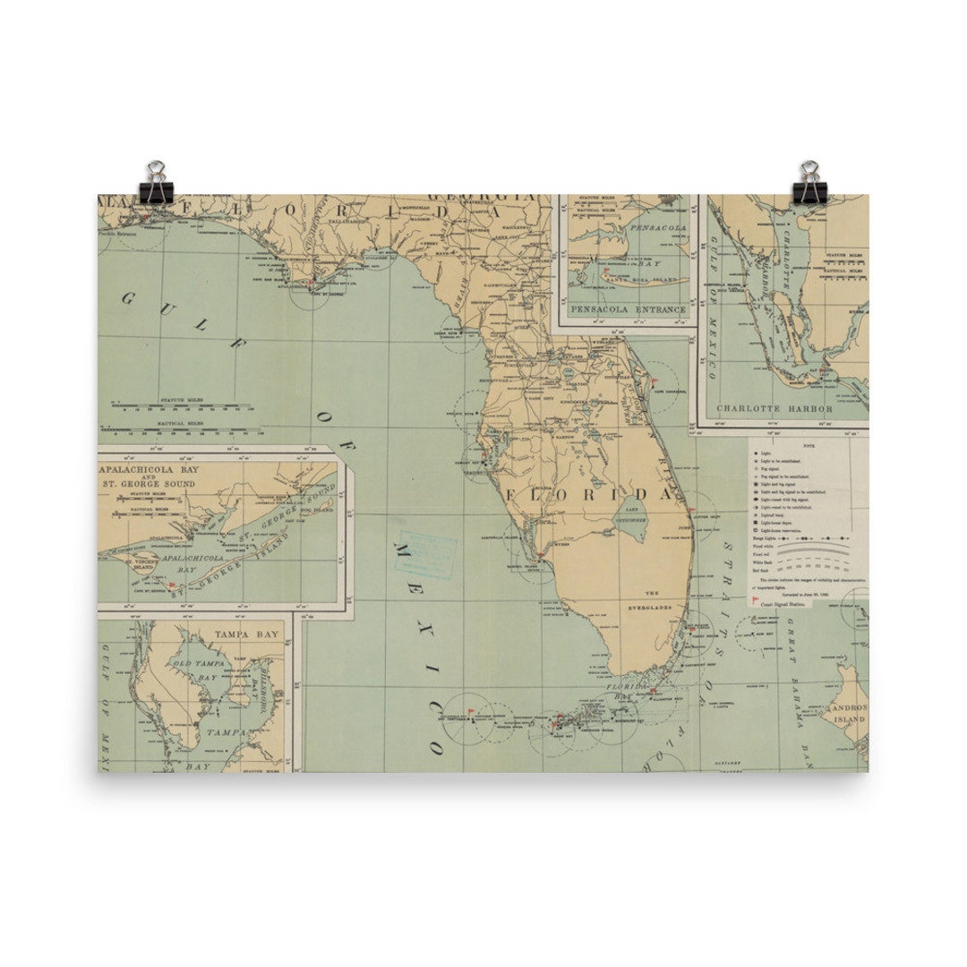 Vintage Florida Lighthouse Map (1898) FL Coastal Maritime Atlas Poster ...