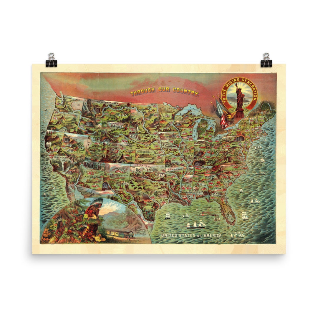 US Pictorial Map (1870) Old United States Atlas With Cities Poster - Etsy