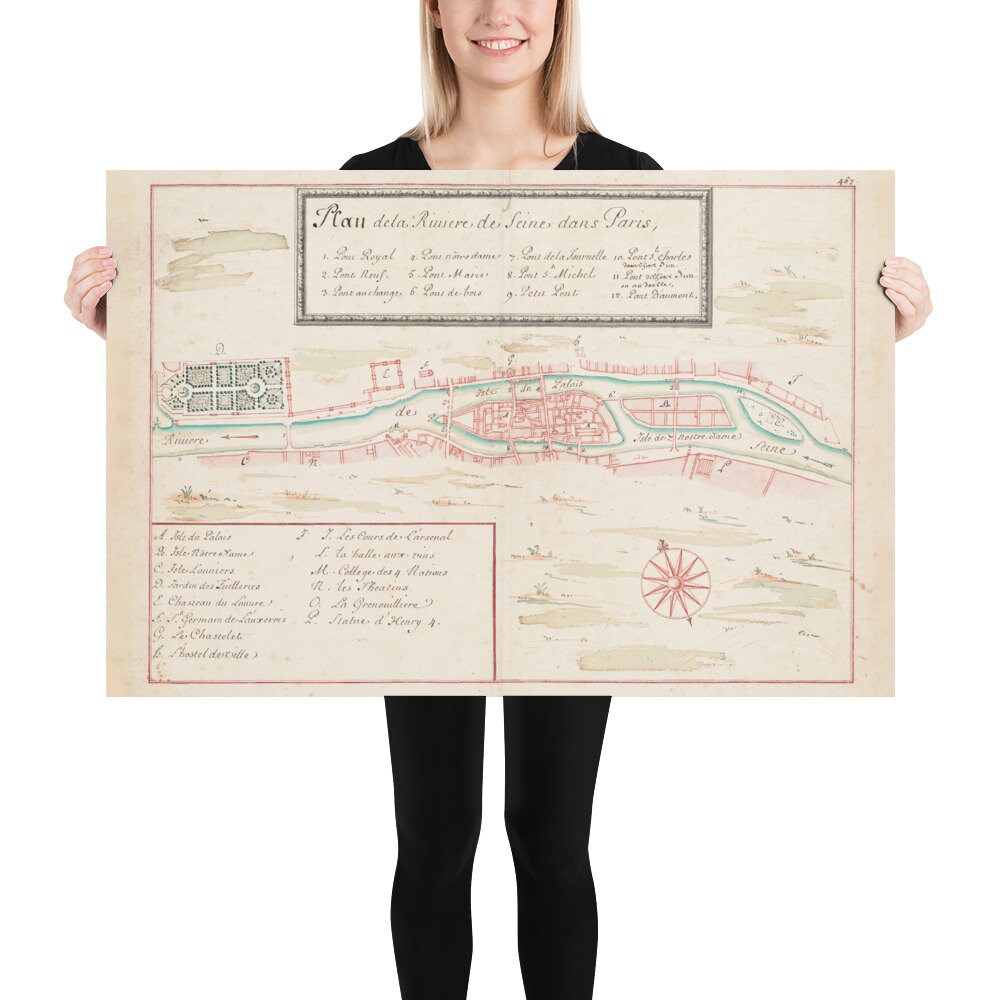 Old Seine River Map (1760) Vintage Paris France Waterway Atlas Poster ...