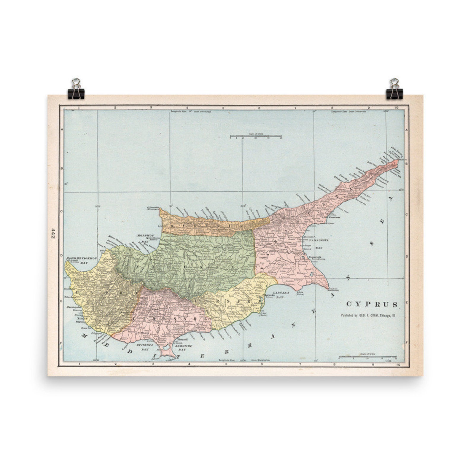 Cyprus Map 1901 Old Island of Cyprus Atlas Vintage Reproduction Poster ...