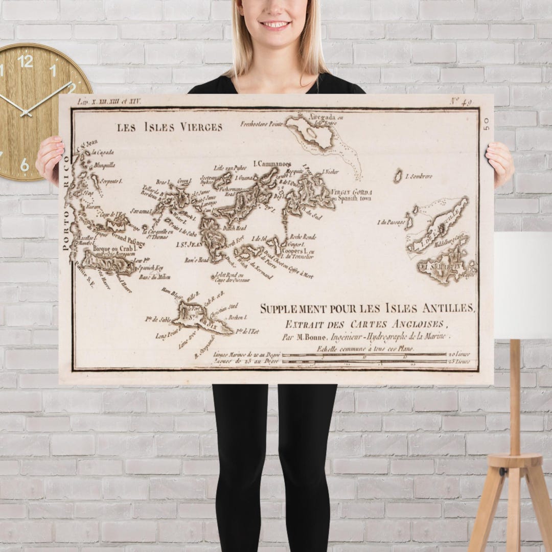 Old US and British Virgin Islands Map (1780) Vintage USVI & BVI Atlas ...